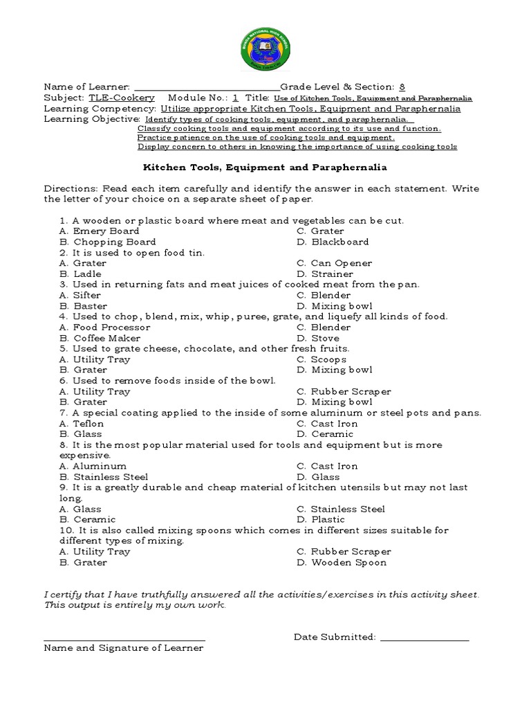 Week1-module1-Activity-Sheet-cookery 8 | PDF | Kitchen | Cookware And ...