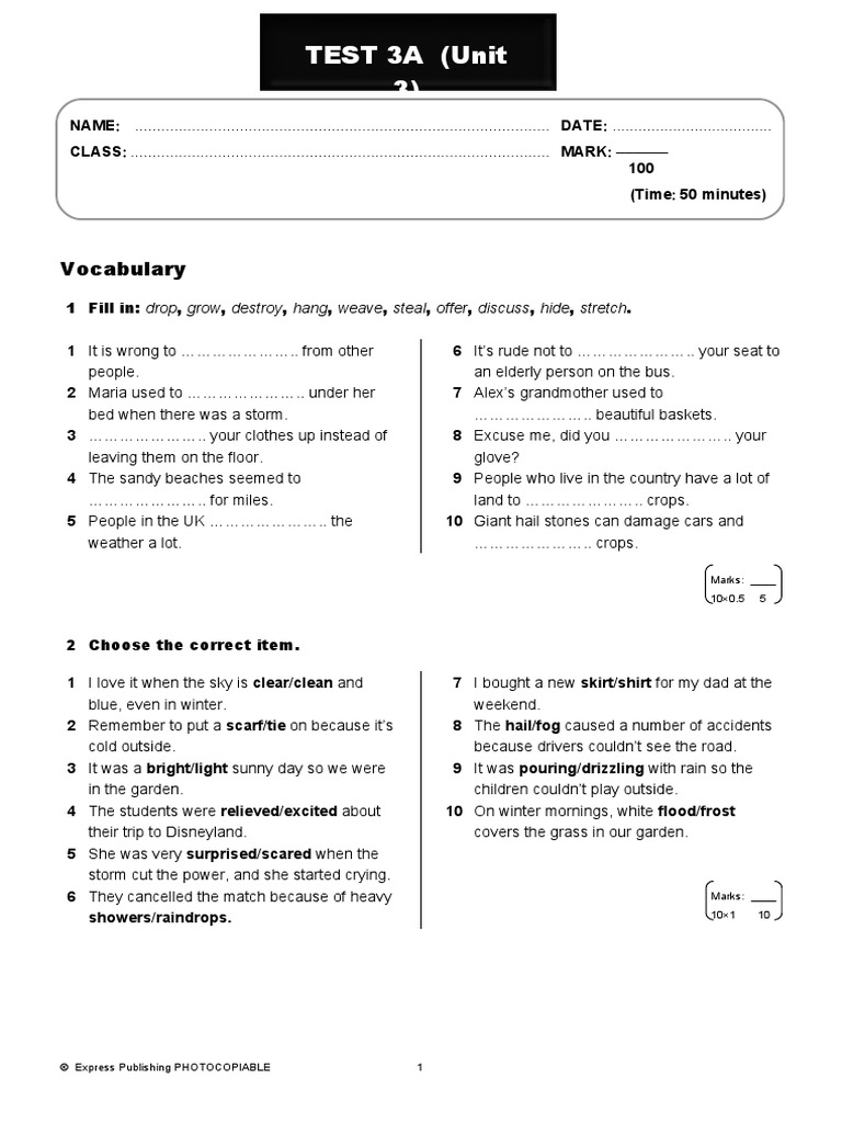 TEST 3A (Unit 3) : Vocabulary | PDF | Clothing