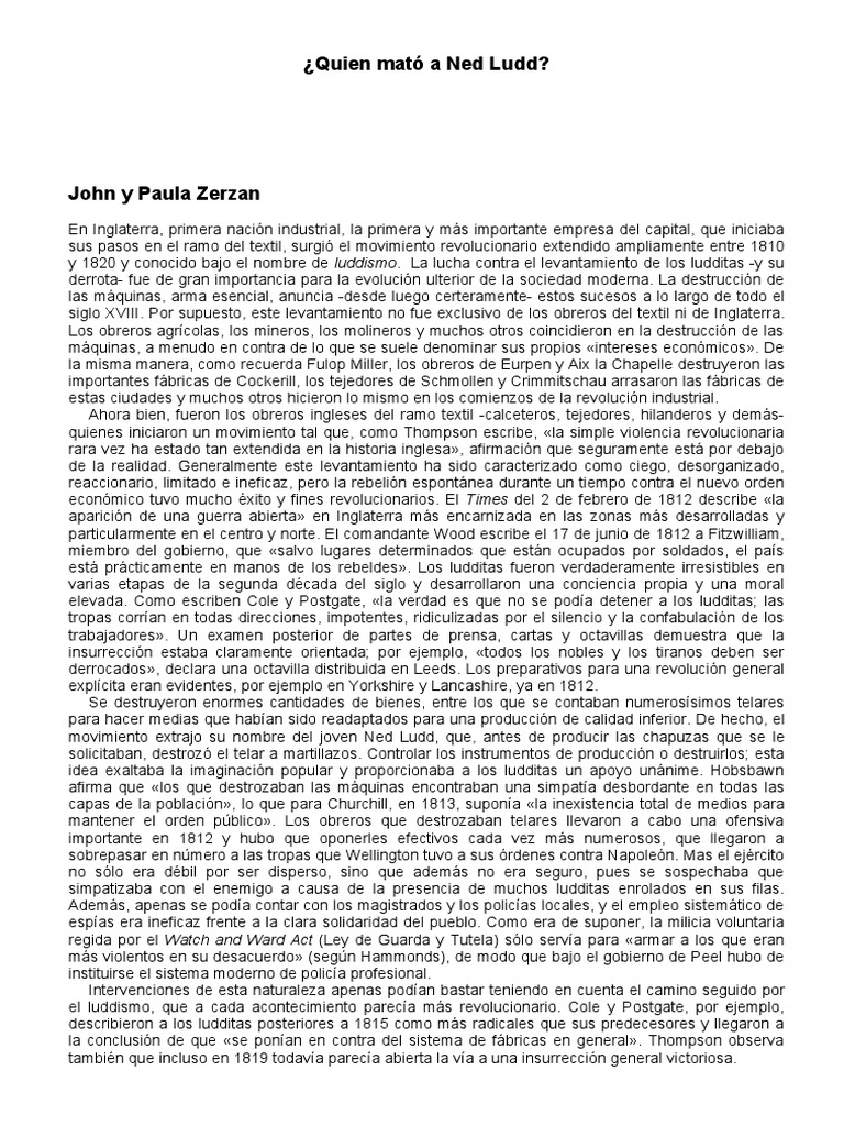 Zerzan John Quien Mato A Ned Ludd | PDF
