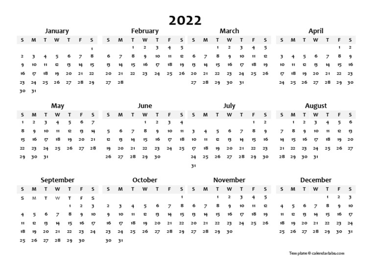 2022 Yearly Blank Calendar Template | PDF