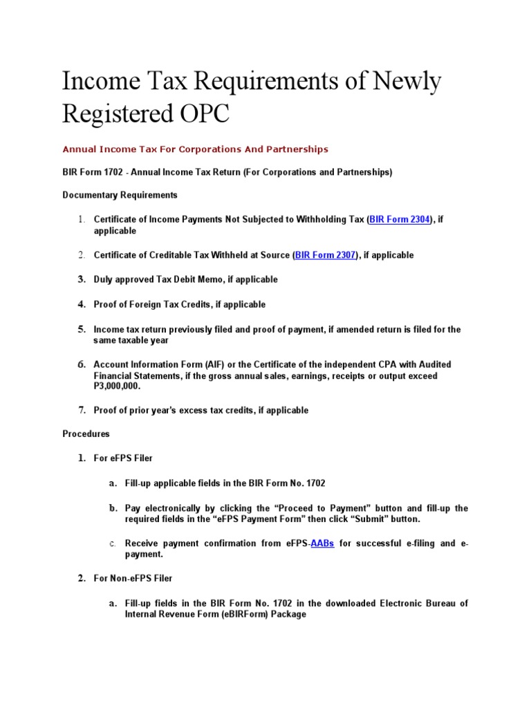 Income Tax Requirements of Newly Registered OPC As of January 2021 | Download Free PDF | Tax ...