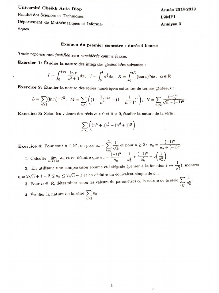 Examen 1 Analyse Noncorrection Normale 1 4 Mpi 2018-2019 Ucad | PDF