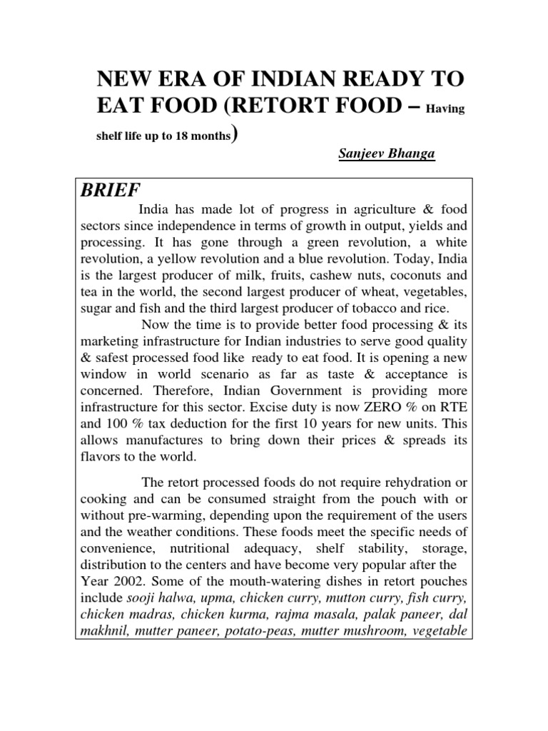 Ready To Eat Retort Food | PDF | Pressure Cooking | Shelf Life