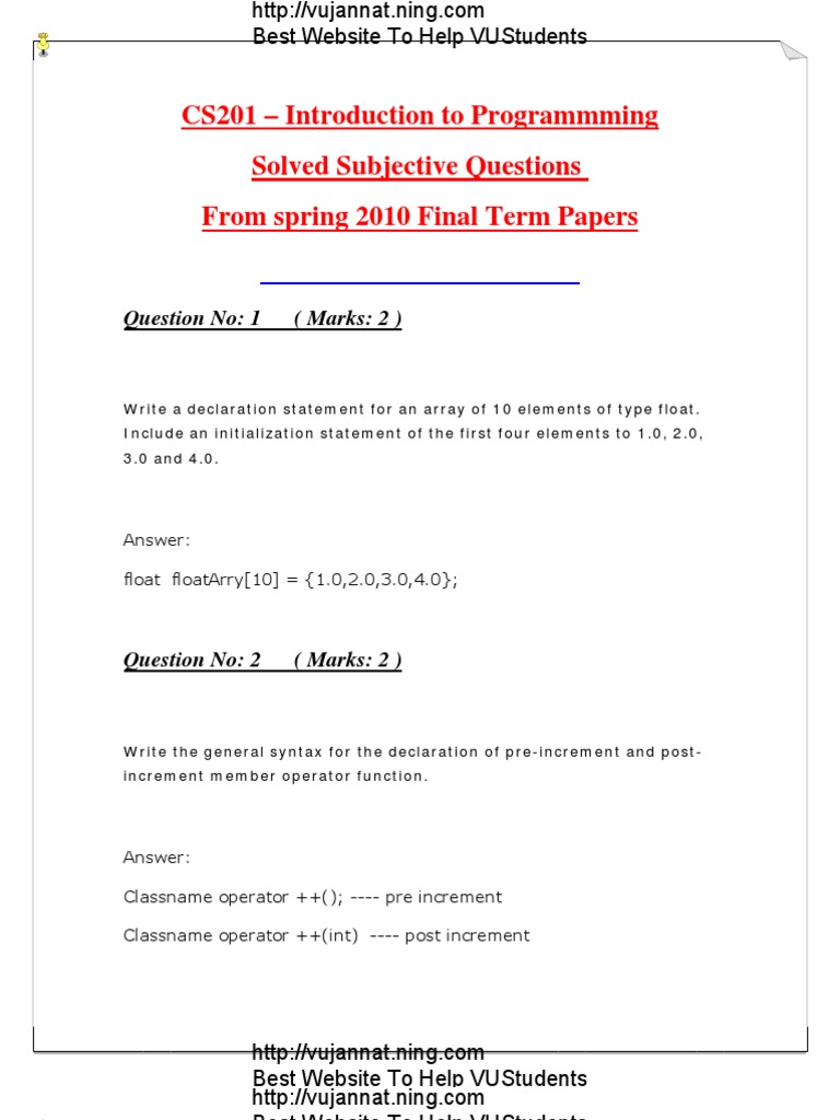 CS201 Solved Subject Ives Questions WWW - Vujannat.ning | PDF | Class (Computer Programming ...