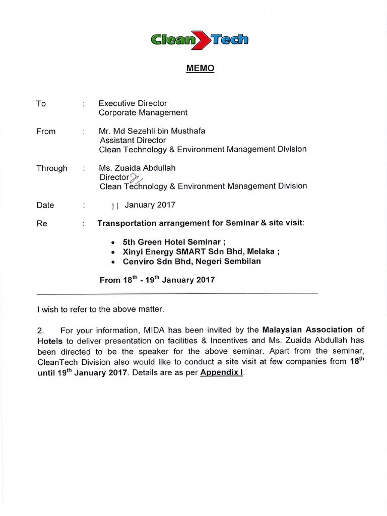 Memo Approval For 5th Green Hotel Seminar & Site Visit | PDF