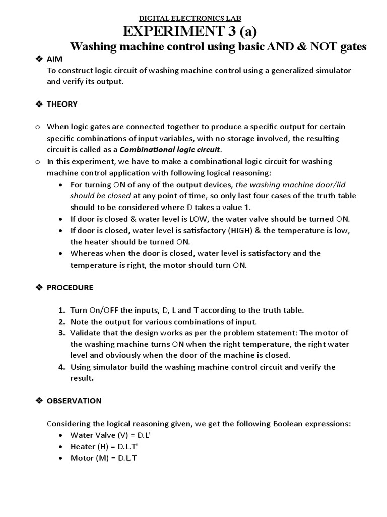 Experiment 3 (A) : Washing Machine Control Using Basic AND & NOT Gates ...