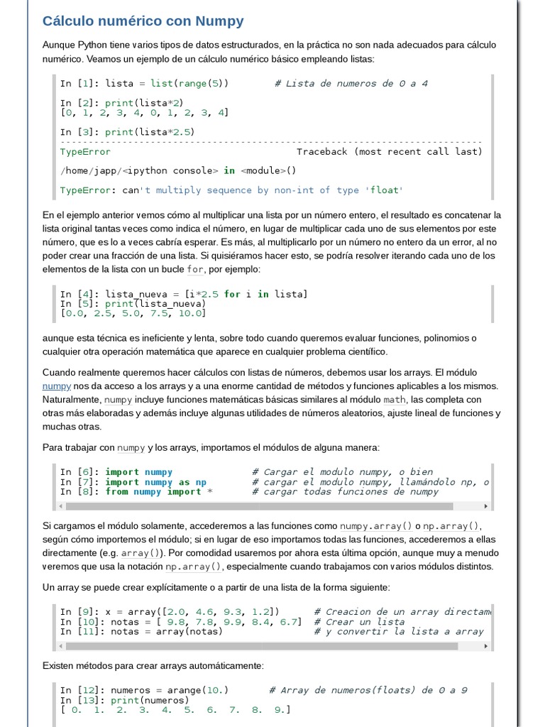 Cálculo Numérico Con Numpy | PDF | Estructura de datos de matriz | Análisis numérico