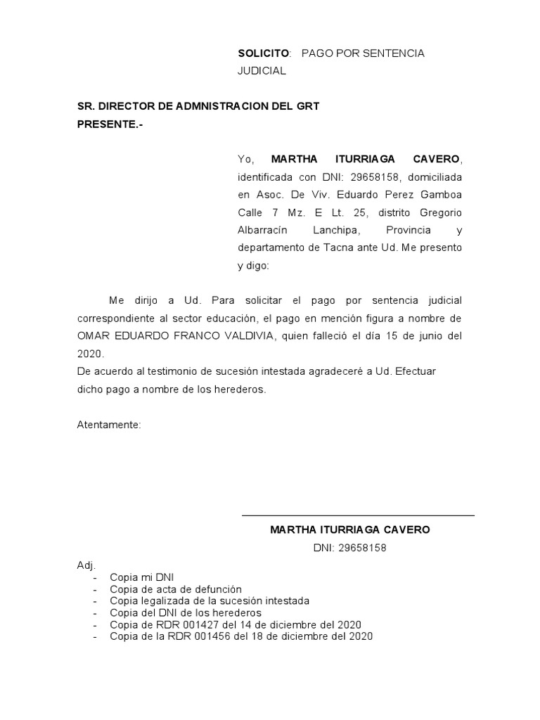 Solicito: Pago Por Sentencia | PDF | Derecho