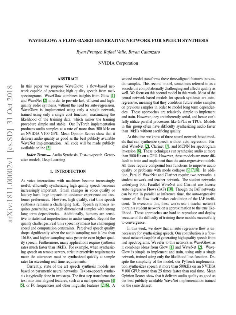WaveGlow A Flow-Based Generative Network For Speech Synthesis | PDF | Speech Synthesis | Wavelet