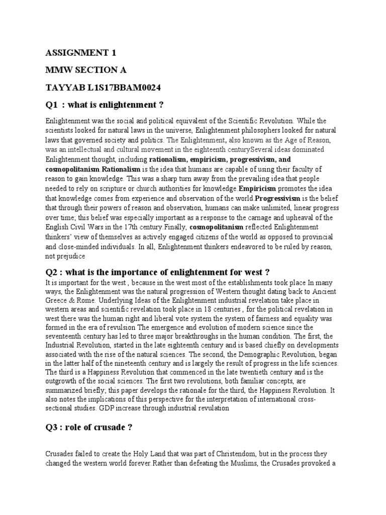 Assignment 1 MMW Section A TAYYAB L1S17BBAM0024 Q1: What Is Enlightenment ? | Download Free PDF ...