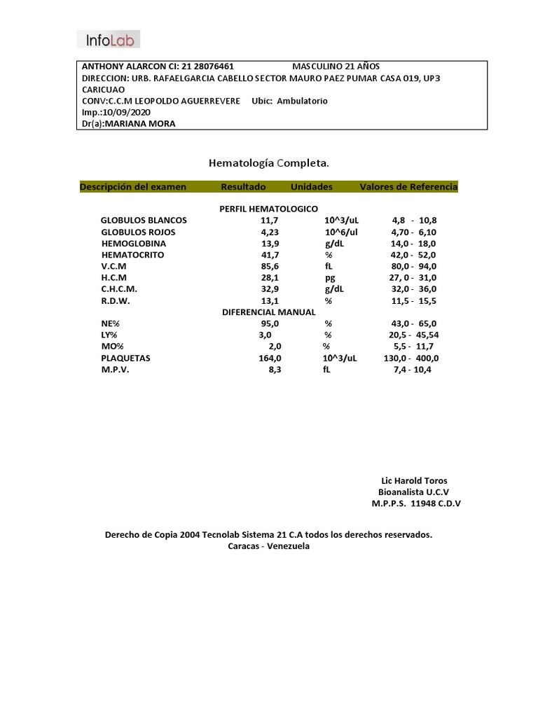Informe Hematológico de Anthony | PDF