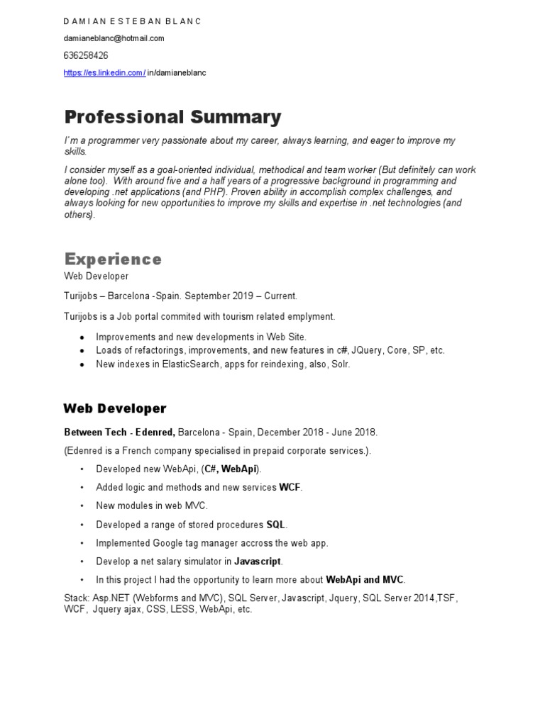 Experienced .NET Developer Resume | PDF | Entity Framework | Web ...