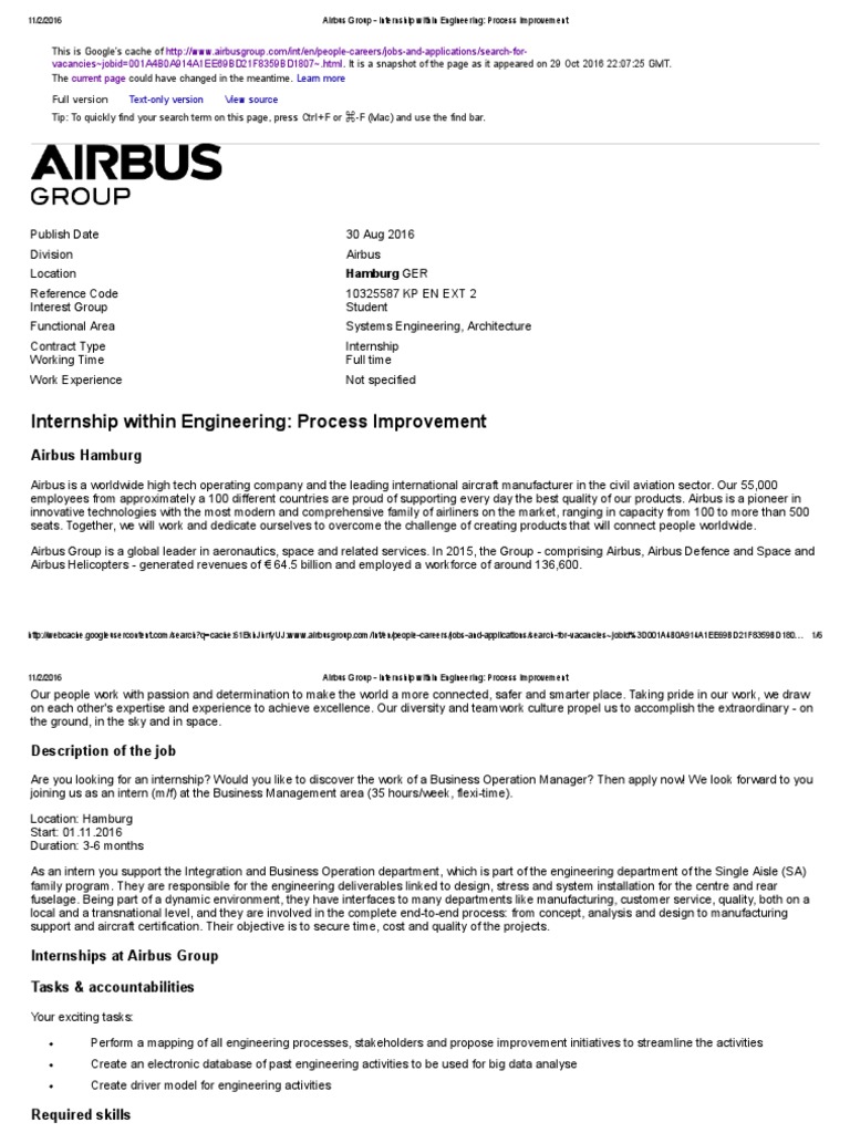 Airbus Group - Internship Within Engineering - Process Improvement ...