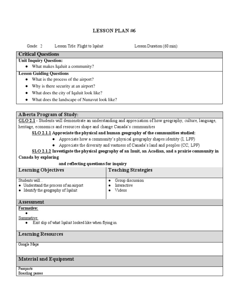 Lesson Plan #6: Unit Inquiry Question: Lesson Guiding Questions | PDF ...