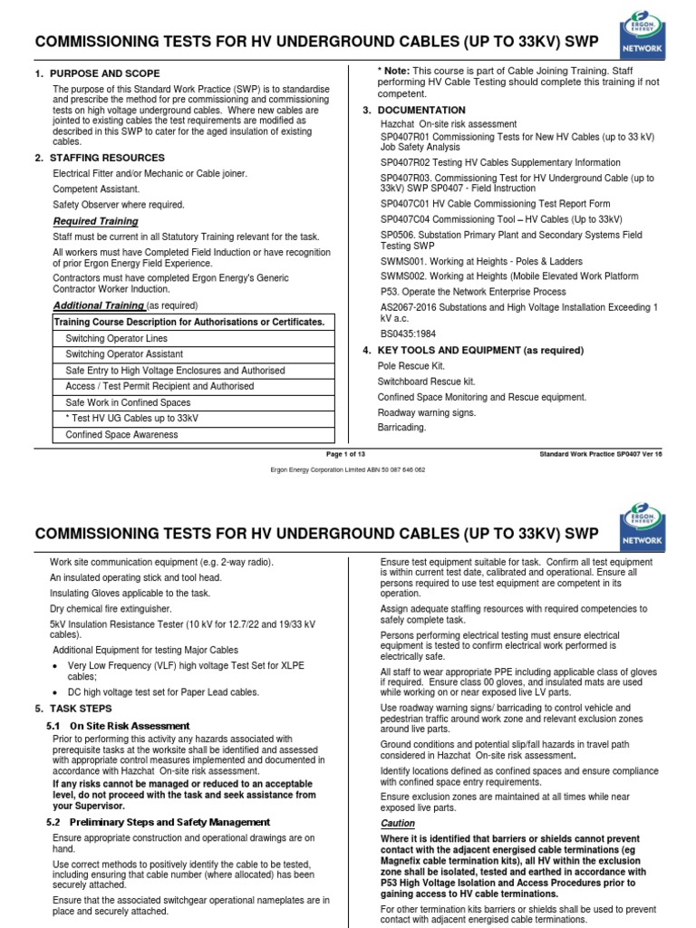 Commissioning Tests For HV Underground Cables (Up To 33Kv) SWP | PDF ...