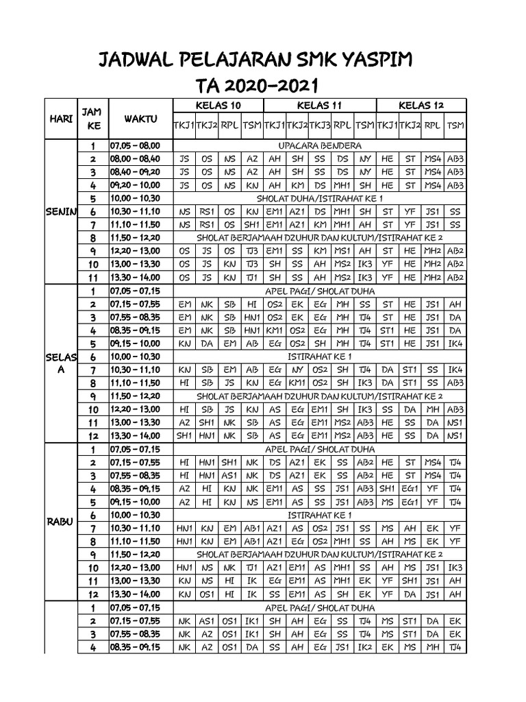Jadwal Pelajaran SMK Yaspim TA 2020-2021 | PDF