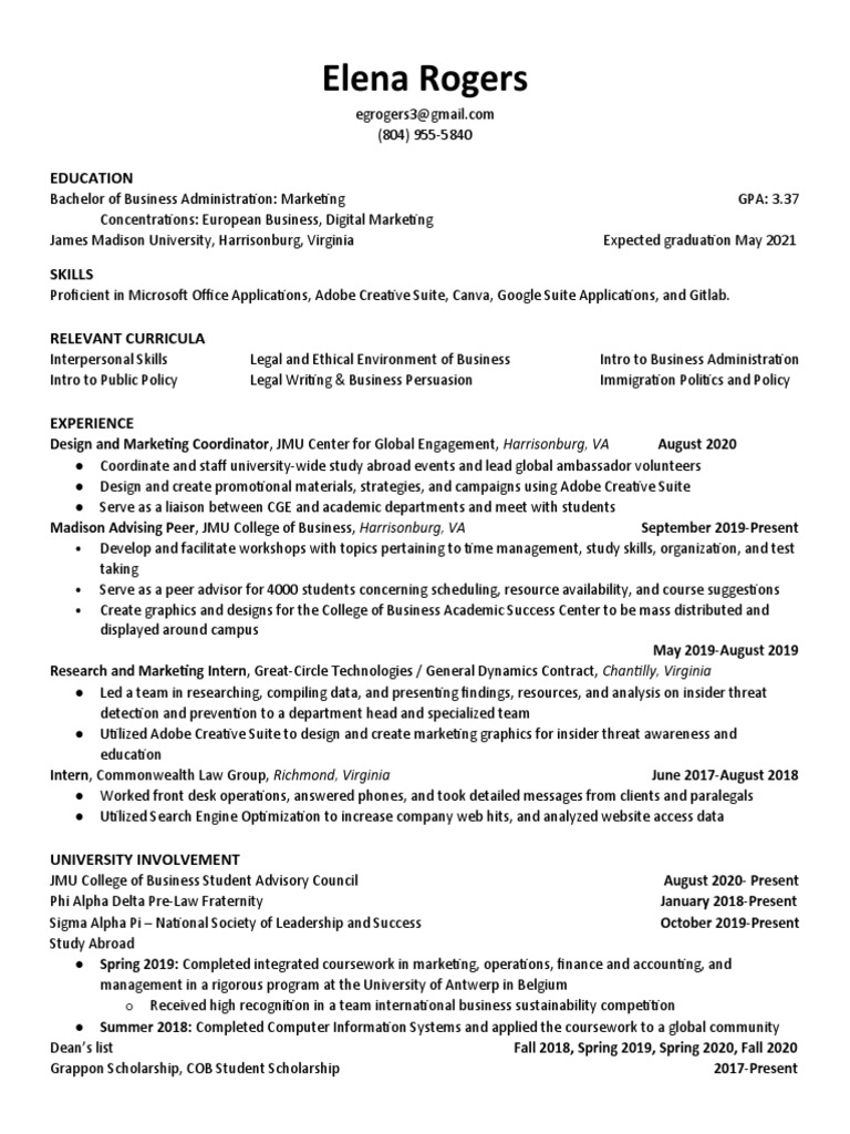 Elena Rogers Resume | PDF | International Student | Marketing
