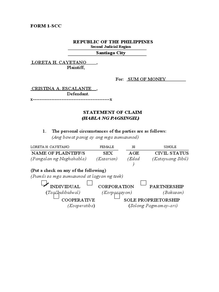 Form 1-Scc: (Ang Bawat Panig Ay Ang Mga Sumusunod) | PDF | Judiciaries | Public Law