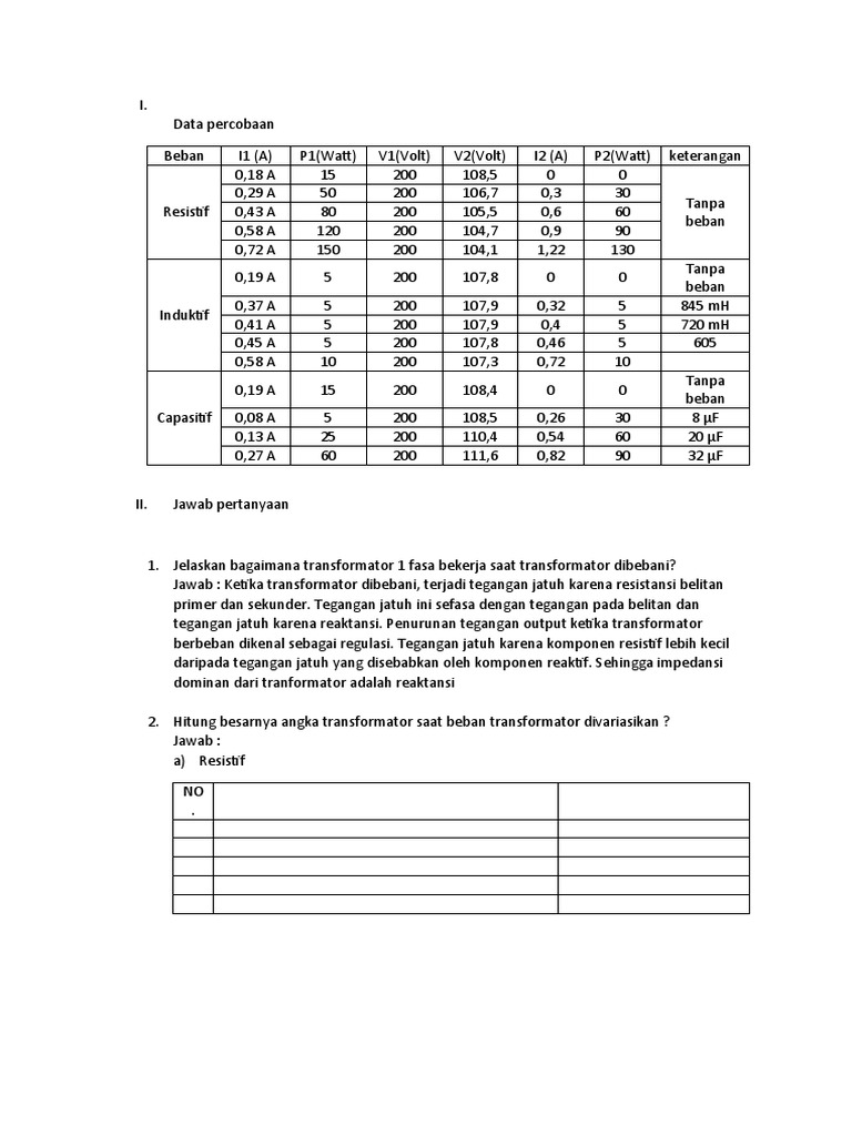 Data dan Analisis Transformator 1 Fasa | PDF
