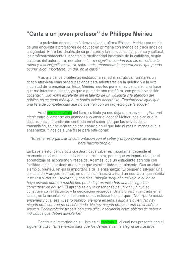 Carta A Un Joven Profesor de Philippe M | PDF | Maestros | Educación ... Carta A Un Joven Profesor de Philippe M | PDF | Maestros | Educación ...