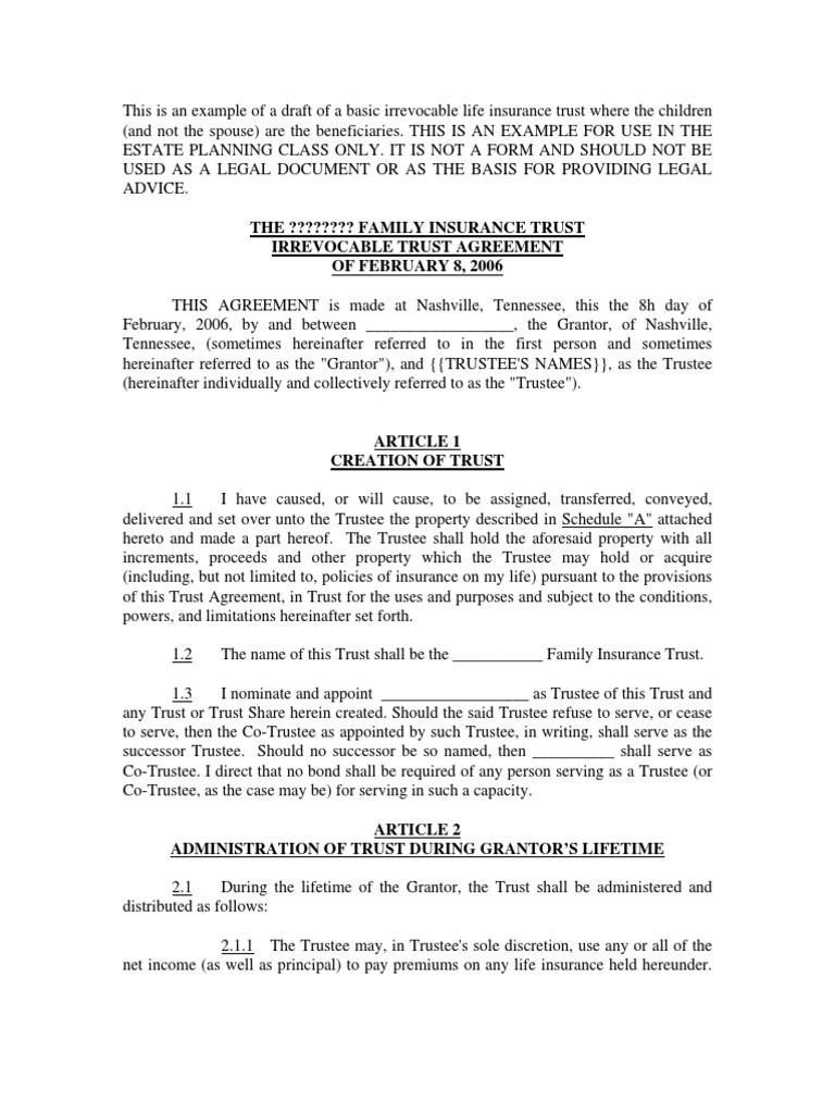 Irrevocable Life Ins Trust Form | PDF | Trust Law | Trustee