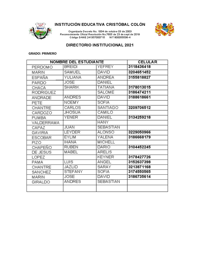 Directorio Grado Primero 2021 | PDF
