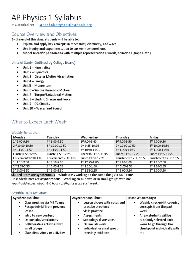 AP Physics 1 Syllabus: Course Overview and Objectives | PDF | Force | Physics