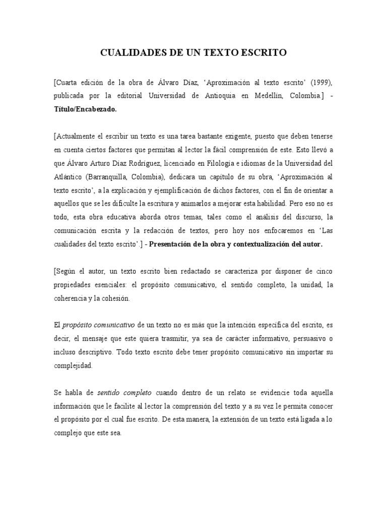Cualidades Del Texto Escrito | PDF | Oración (Lingüística) | Autor