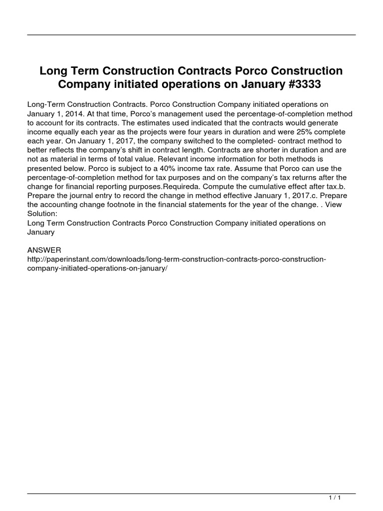 Long Term Construction Contracts Porco Construction Company Initiated ...