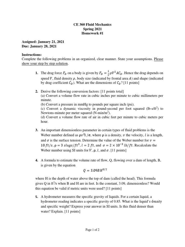 Fluid Dynamics Homework Pdf Fluid Dynamics Density