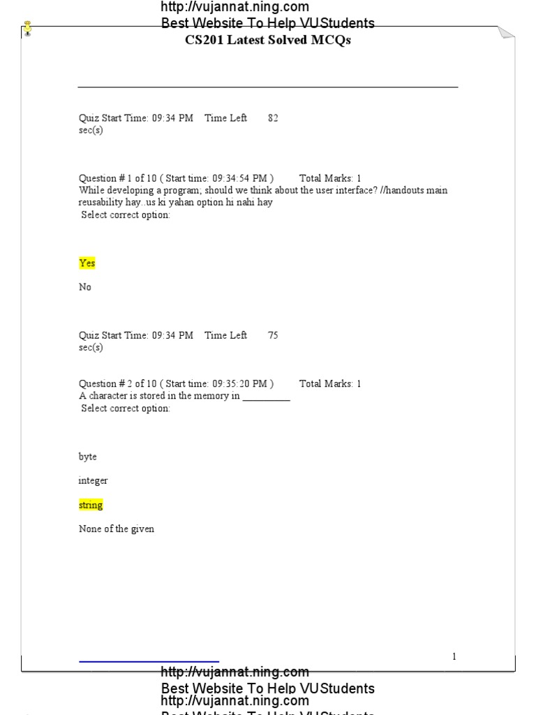 CS201 Programming MCQs Overview | PDF | Constructor (Object Oriented Programming) | Programming