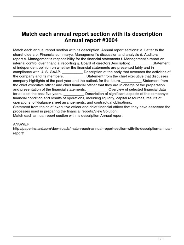 Match Each Annual Report Section With Its Description Annual Report ...
