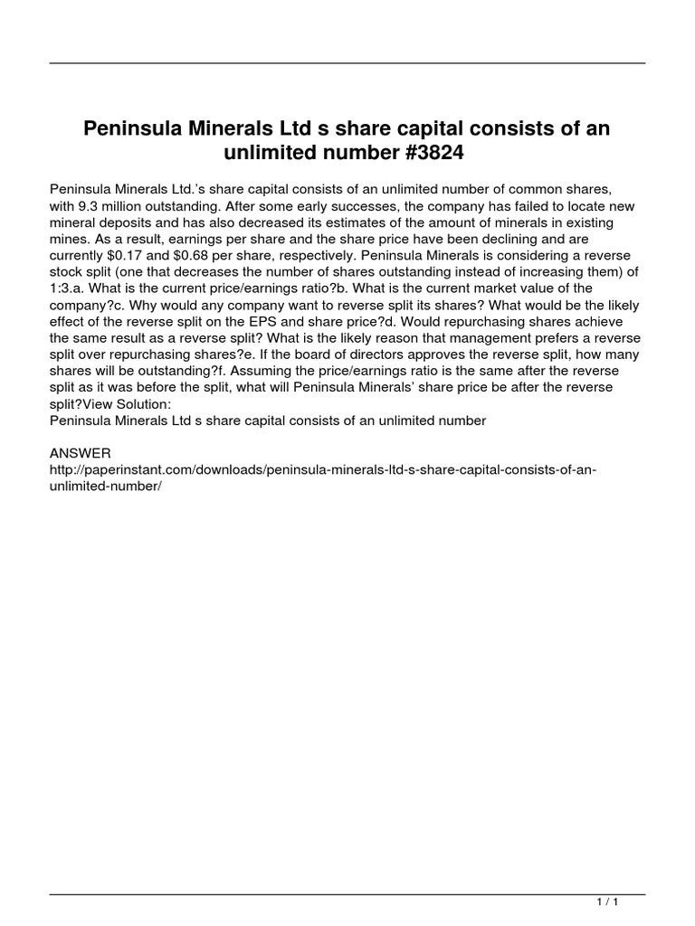 Peninsula Minerals LTD S Share Capital Consists of An Unlimited Number ...