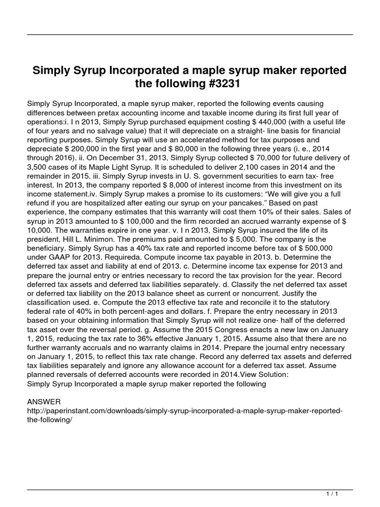 Simply Syrup Incorporated A Maple Syrup Maker Reported The Following ...