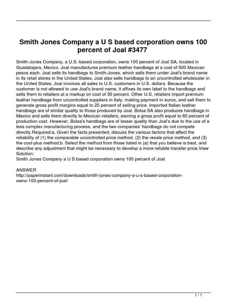 Smith Jones Company A U S Based Corporation Owns 100 Percent of Joal ...