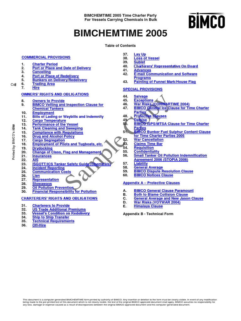 BIMCHEMTIME 2005 Charter Party Template | PDF | Shipping | Water Transport