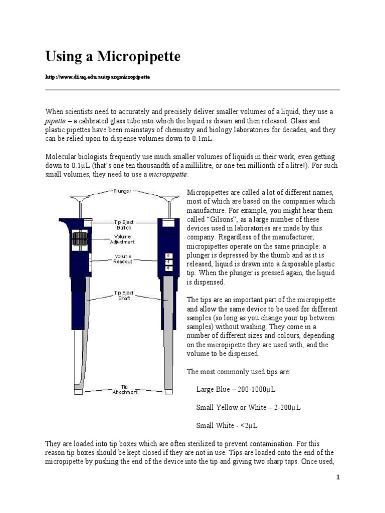 Using A Micropipette | PDF | Laboratories | Laboratory Equipment