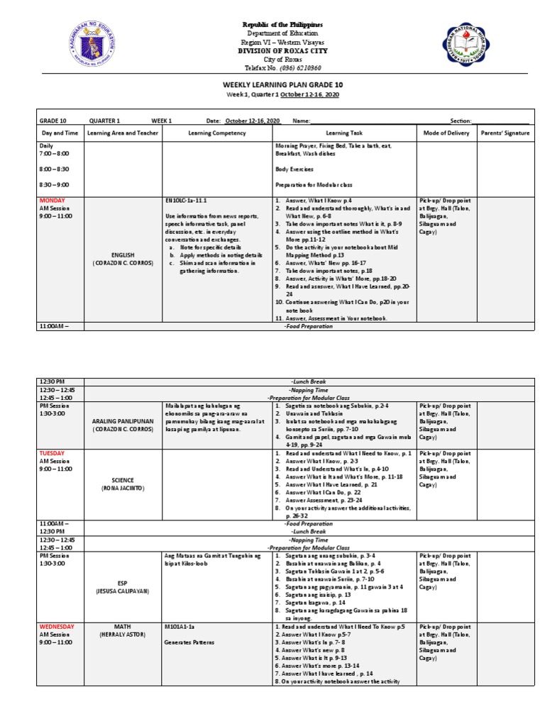Weekly Learning Plan Grade 10 | PDF
