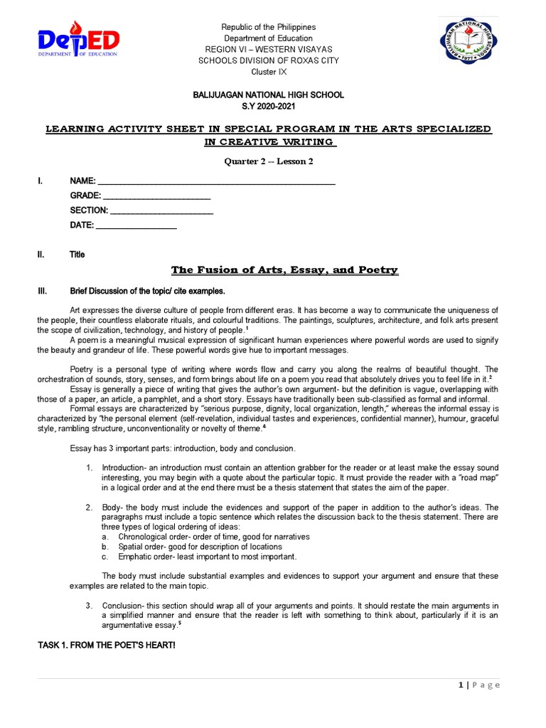 Creative Writing Learning Activity Sheet | PDF