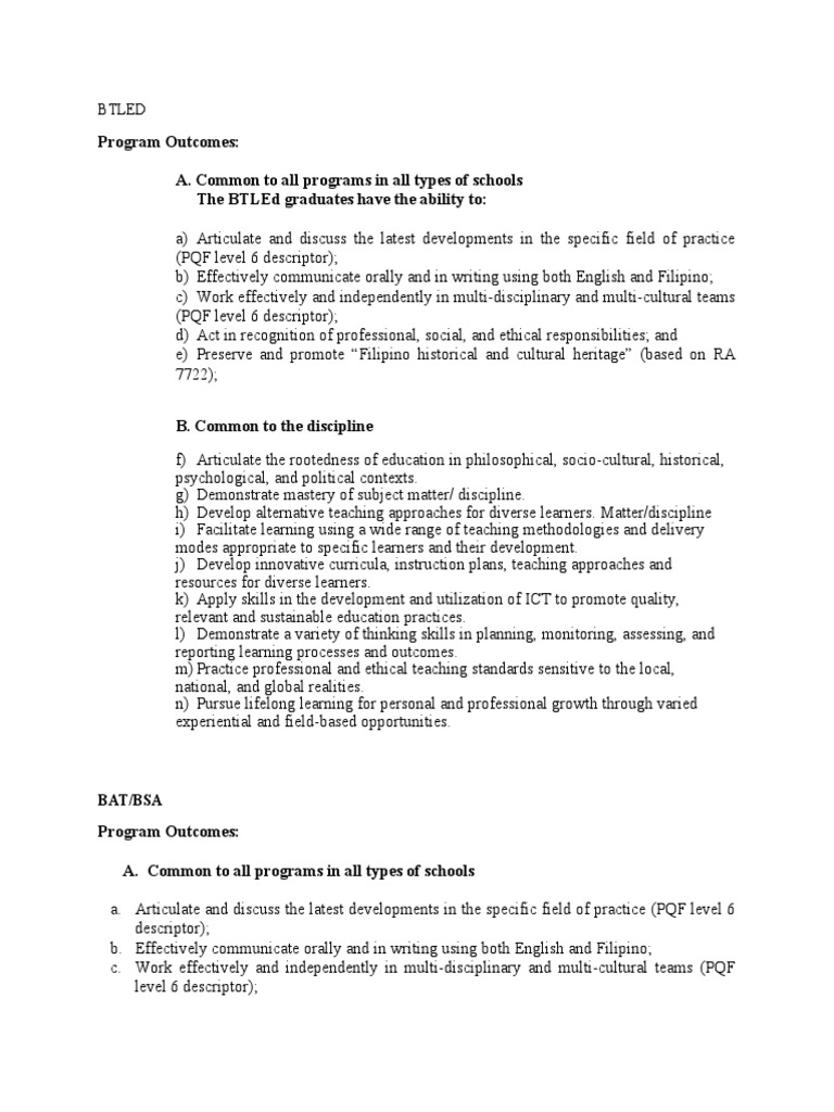 BTLED & BAT Program Outcomes | PDF | Educational Technology | Learning