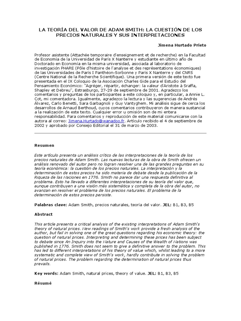 La Teoría Del Valor de Adam Smith | PDF | Precios | Bienes