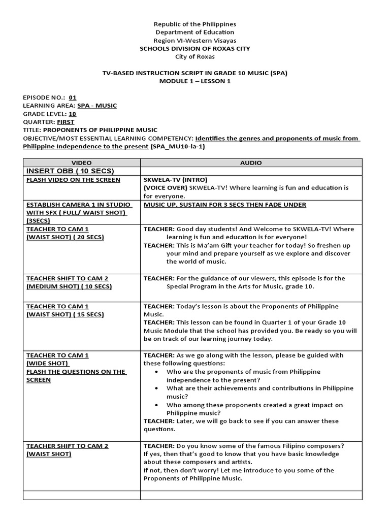 Tbi-Script Spa-Music10 Module1 Ep1 | PDF | Philippines | Performing Arts