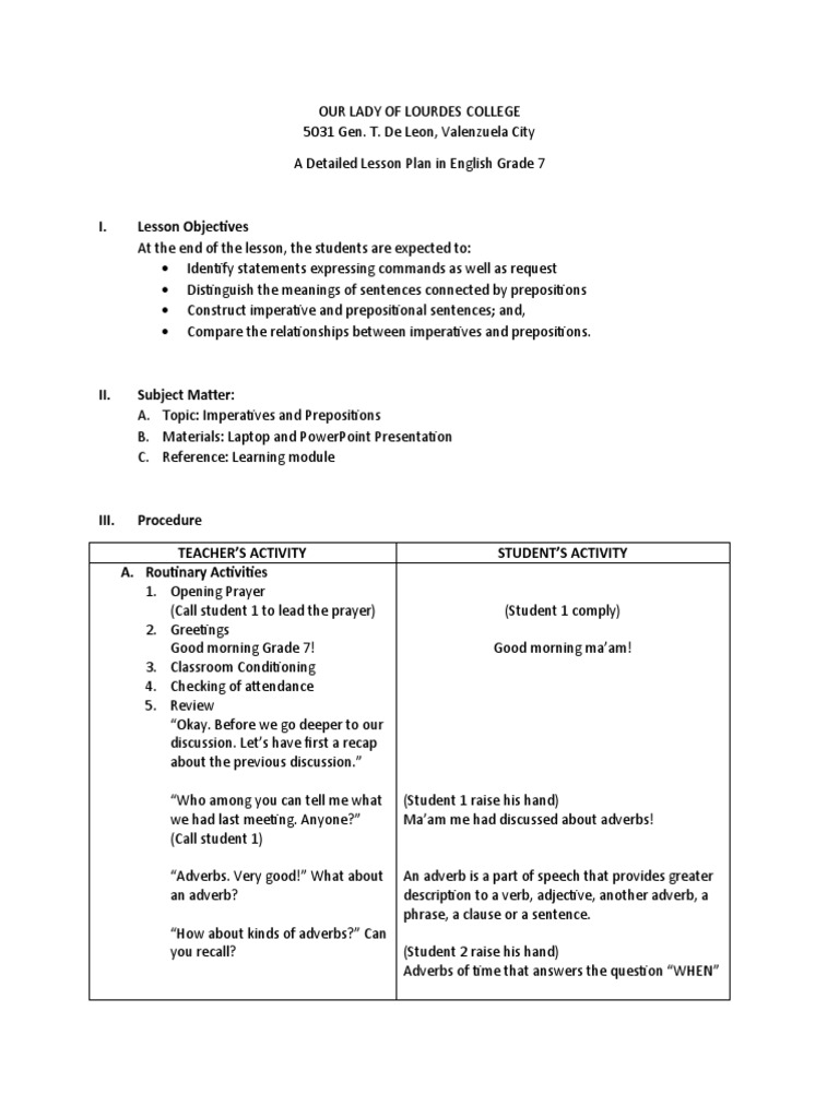 A Detailed Lesson Plan (Imperatives and Prepositions) | PDF | Adverb ...
