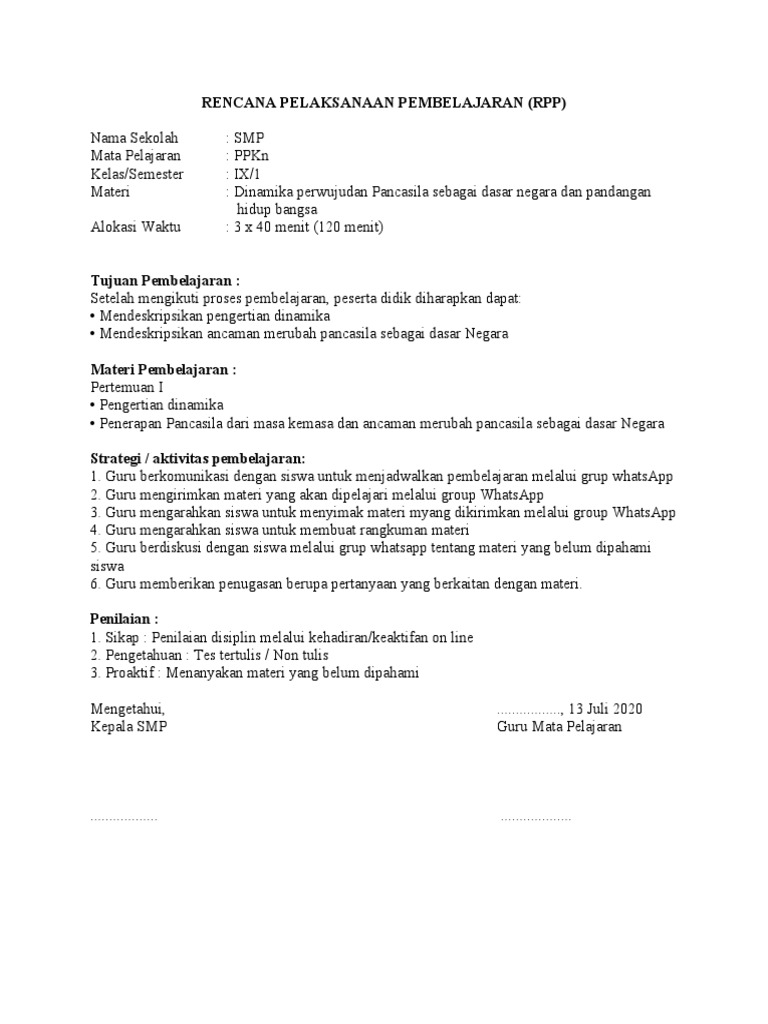 RPP PKN Kelas 9 Semester Ganjil Kurikulum 2013 Tahun Pelajaran 2020 ...