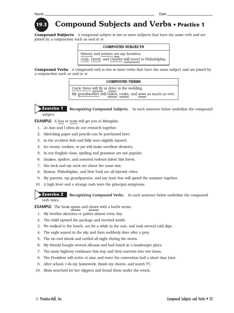 Compound Subjects and Verbs Practice | PDF