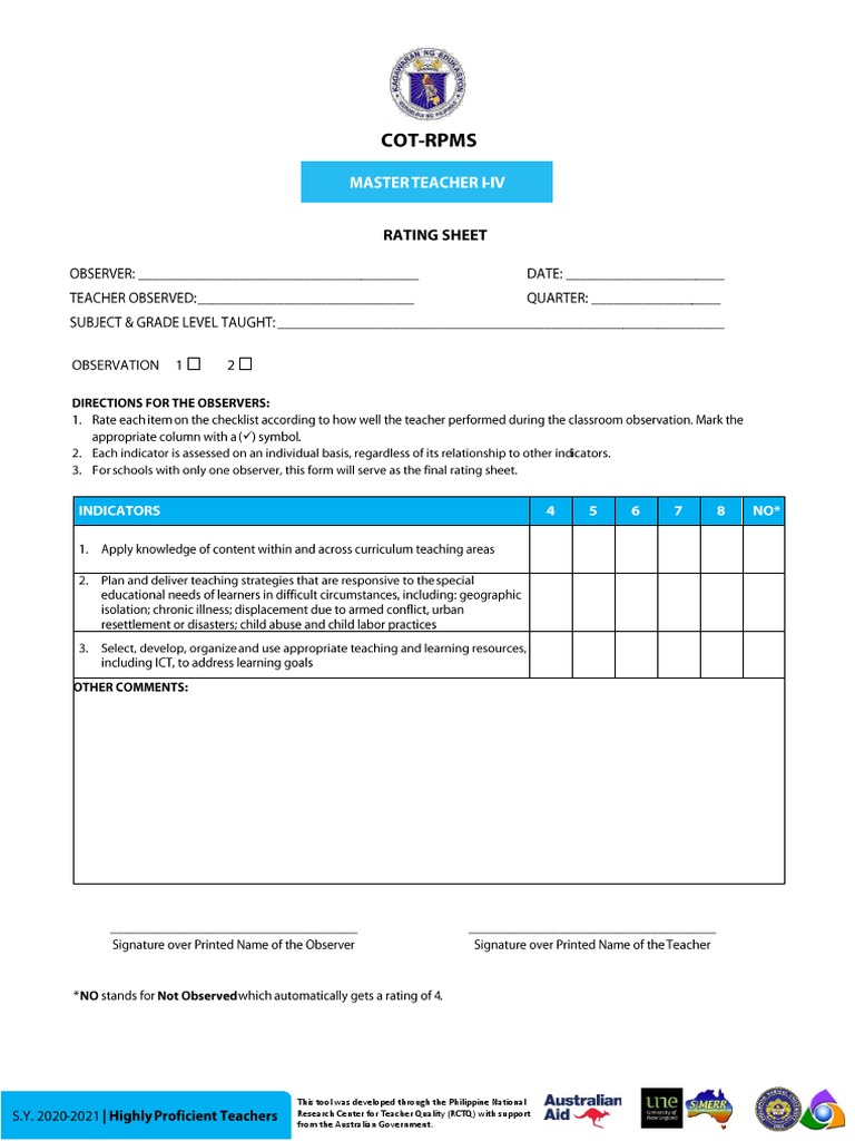 COT-RPMS Rating Sheet For MT I-IV For SY 2020-2021 in The Time of COVID ...