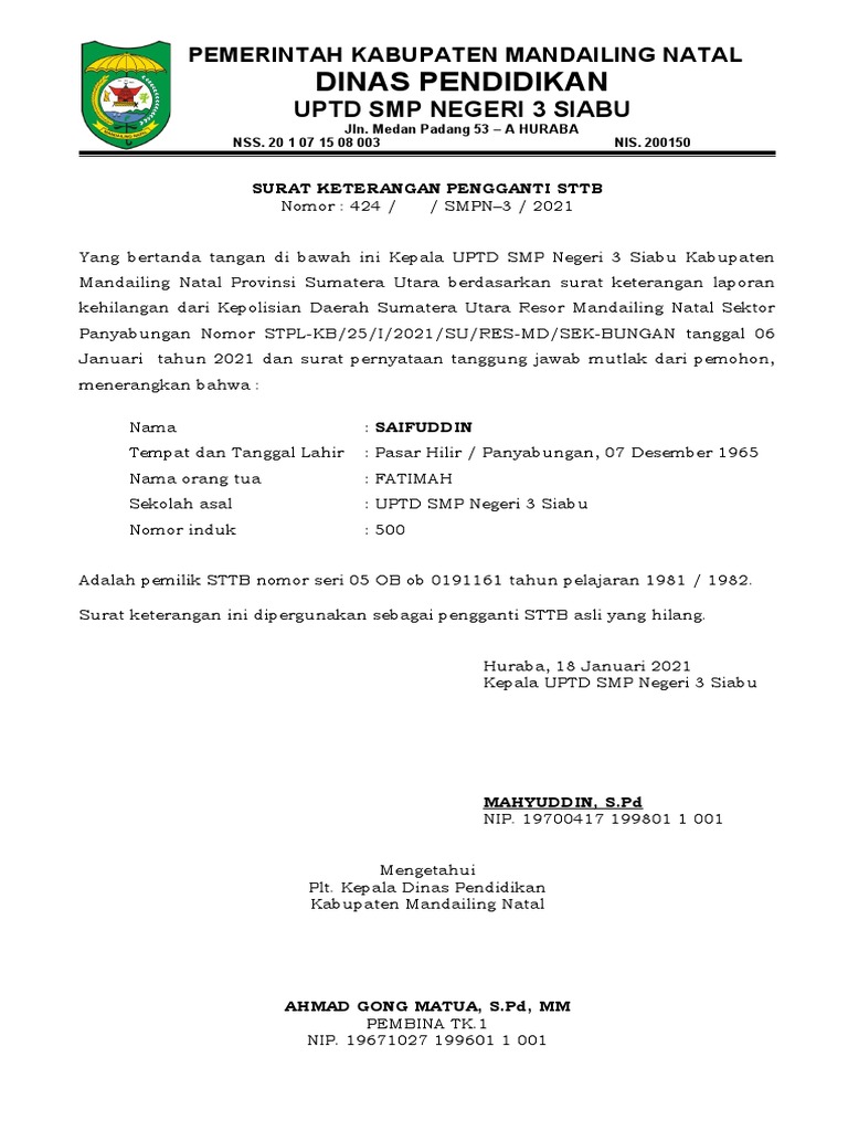 Surat Keterangan Pengganti STTB SMP Negeri 3 Siabu Dan Tanggung Jawab ...