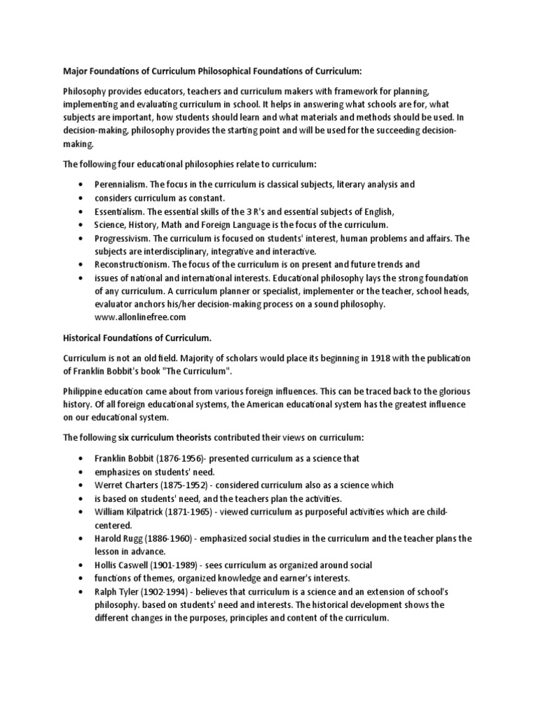 Major Foundations of Curriculum Philosophical Foundations of Curriculum ...