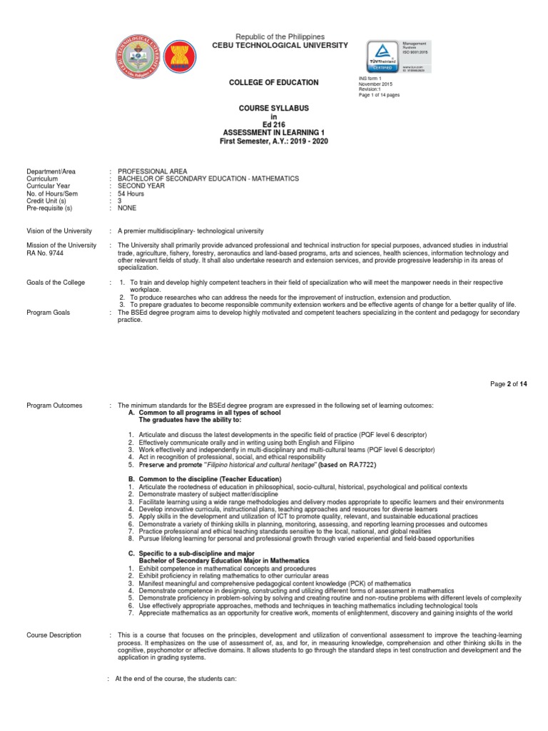 CTU Ed 216 Course Syllabus | PDF | Educational Assessment | Curriculum