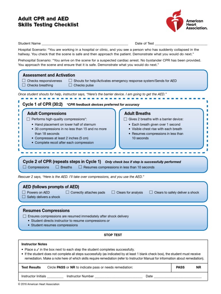 Adult CPR and AED Skills Testing Checklist | PDF | Cardiopulmonary ...